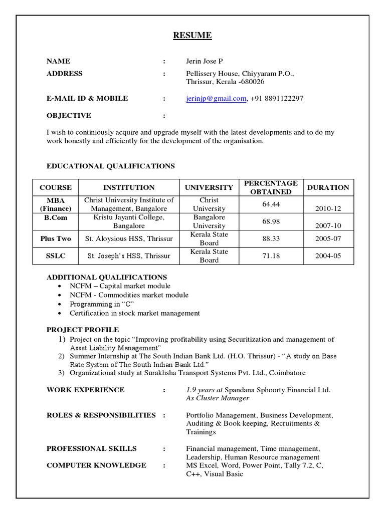 Jerin Resume | PDF | Kerala | University