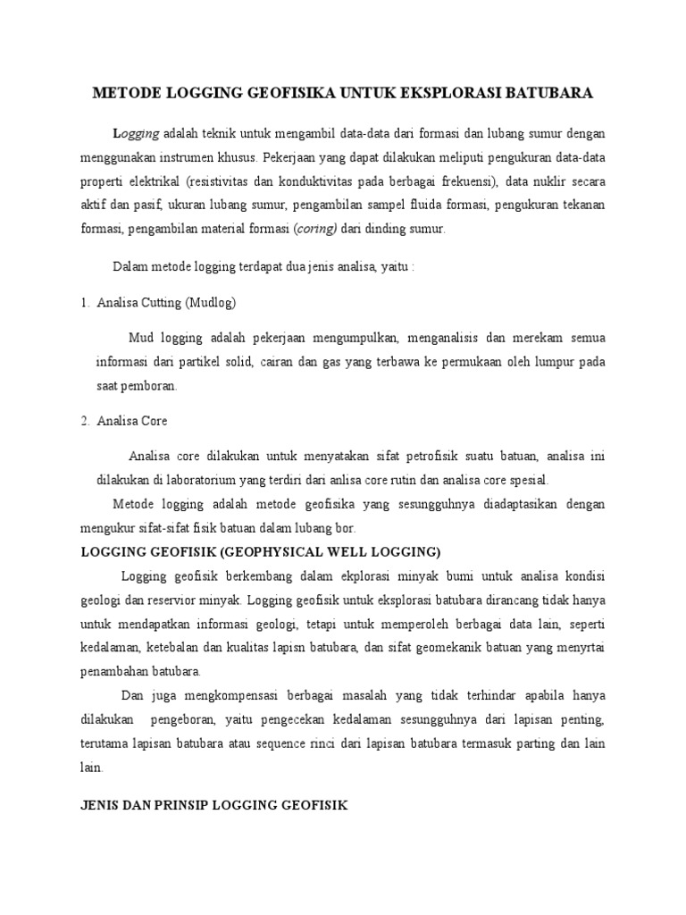 Metode Logging Geofisika Untuk Eksplorasi Batubara | PDF | Sains & Matematika