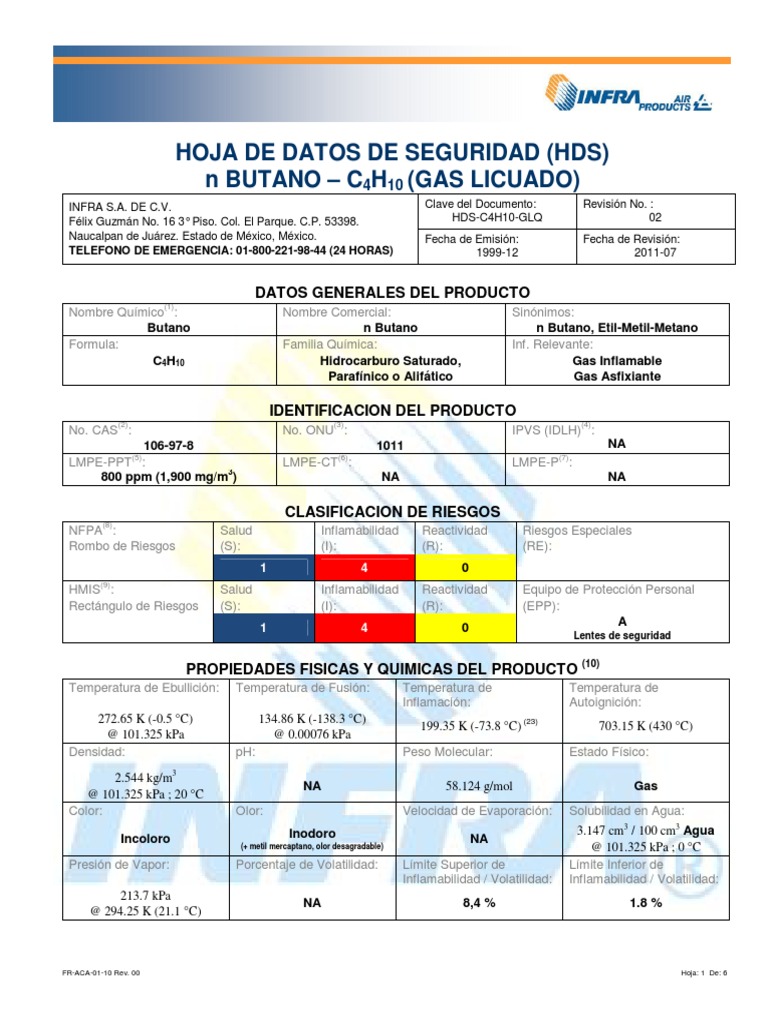 HDS Gas Butano | Descargar gratis PDF | Oxígeno | Agua