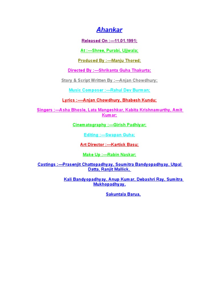 Ahankar: 1991 Bengali Film Details | PDF