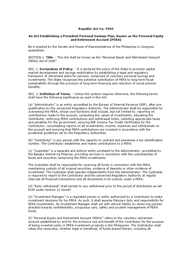 PERA Act: Personal Equity Retirement Plan | PDF | Securities (Finance ...