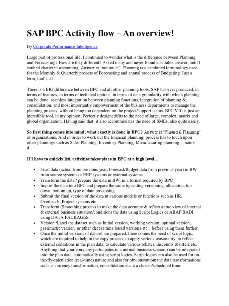 SAP BPC Activity flow overview | PDF | Forecasting | Enterprise ...