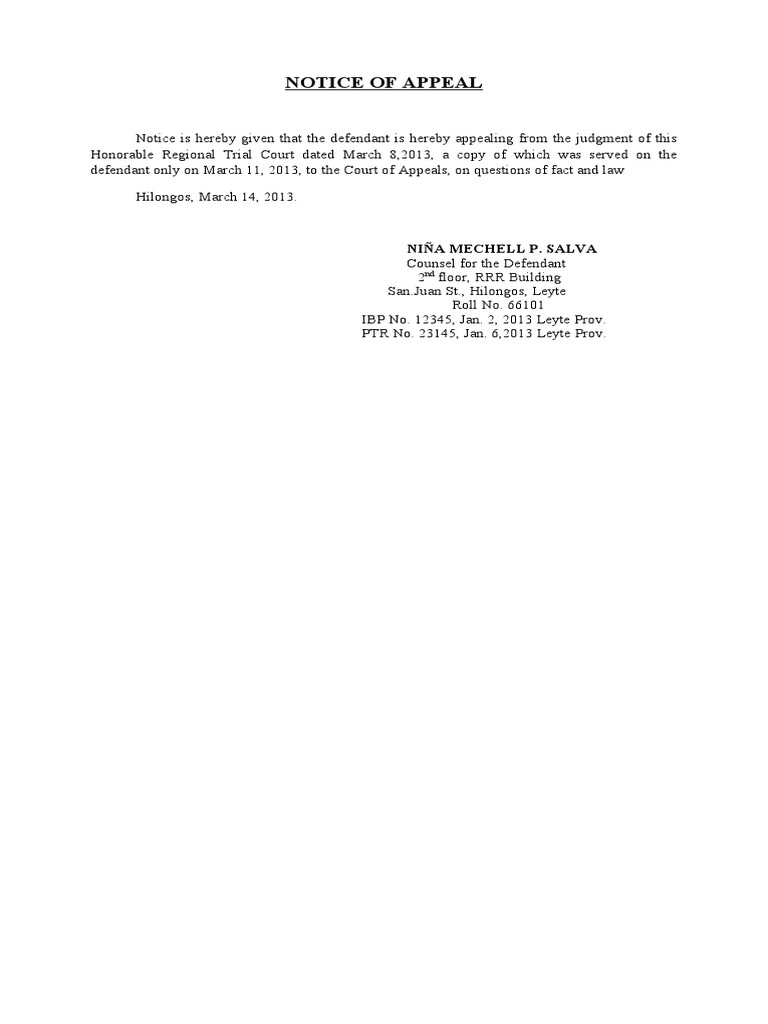 Notice of Appeal to Court of Appeals | PDF | Law