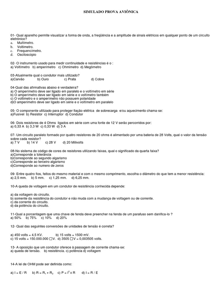 Simulado Prova de Aviônicos | PDF | Circuitos em série e em paralelos | Resistência elétrica e ...