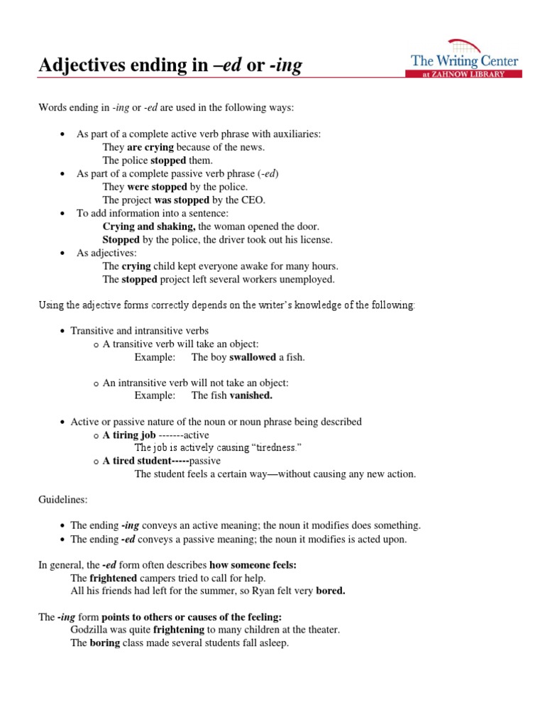 (N) Adjectives Ending in - Ed or - Ing | PDF | Verb | Adjective