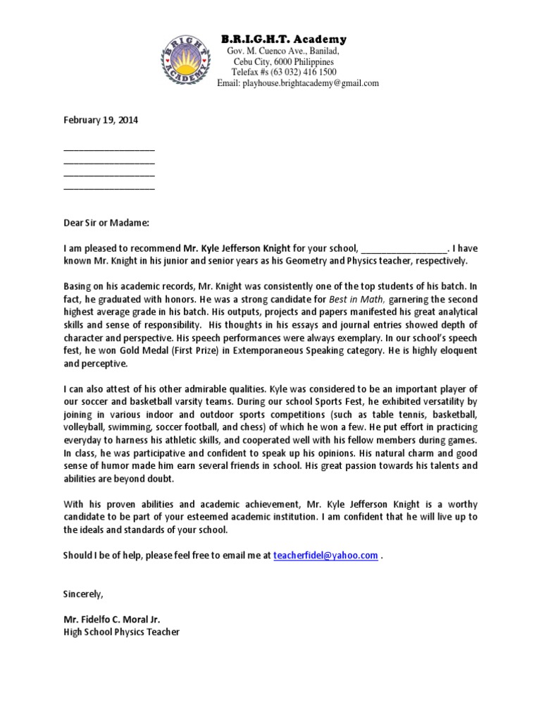 Sample Recommendation Letter Student | PDF