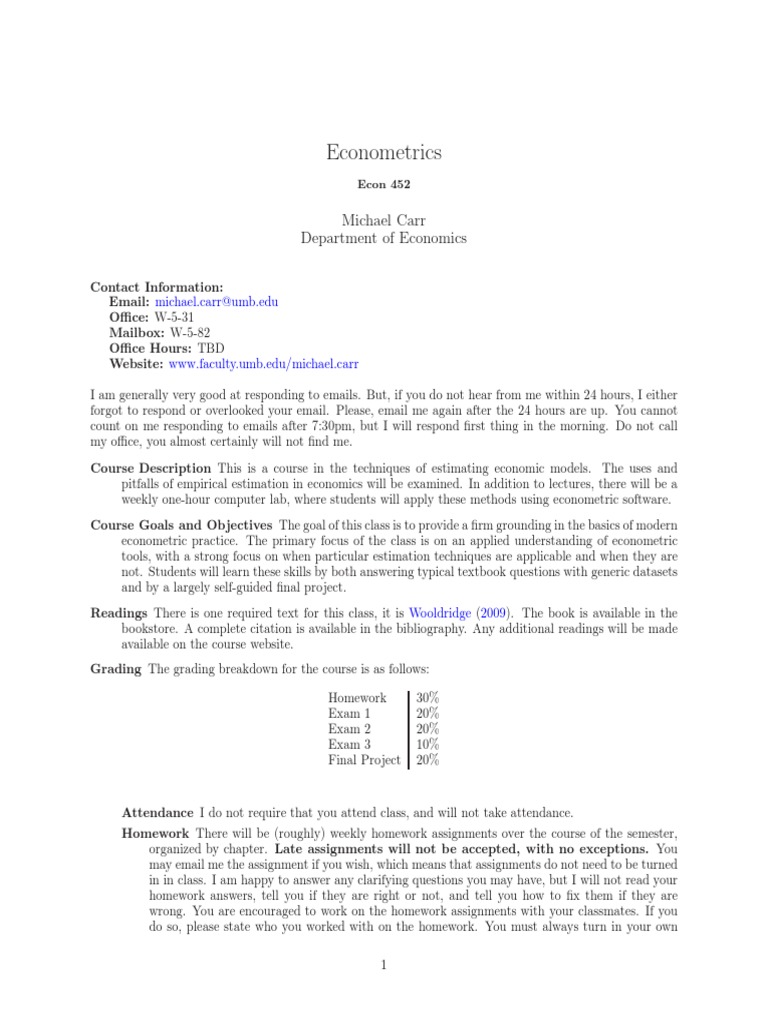 Econometrics Course Syllabus | PDF | Time Series | Regression Analysis