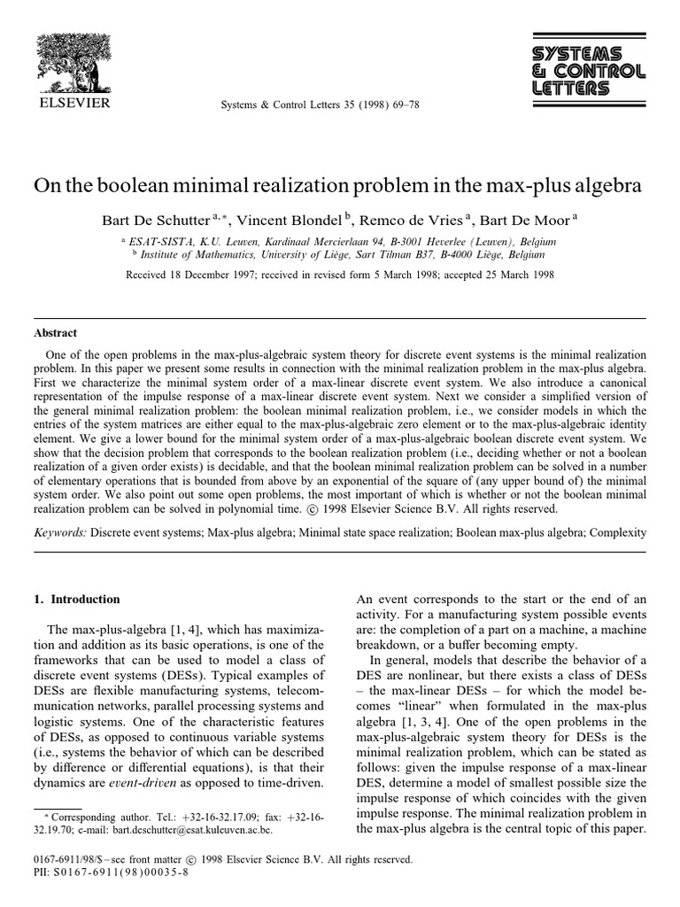 On The Boolean Minimal Realization Problem in The Max-Plus Algebra | PDF | Eigenvalues And ...