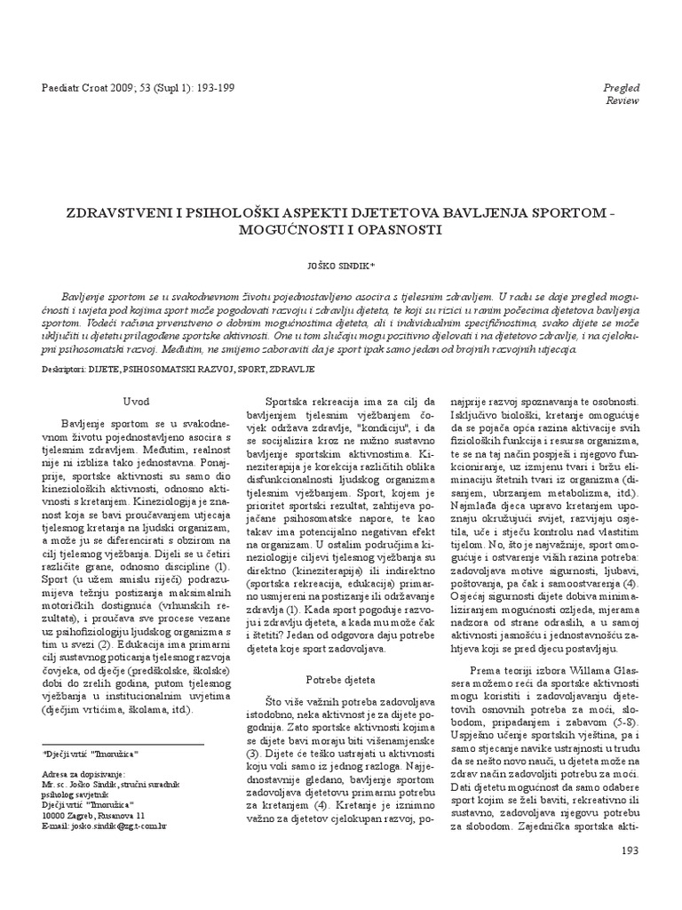 Zdravstveni I Psihološki Aspekti Djetetova Bavljenja Sportom | PDF