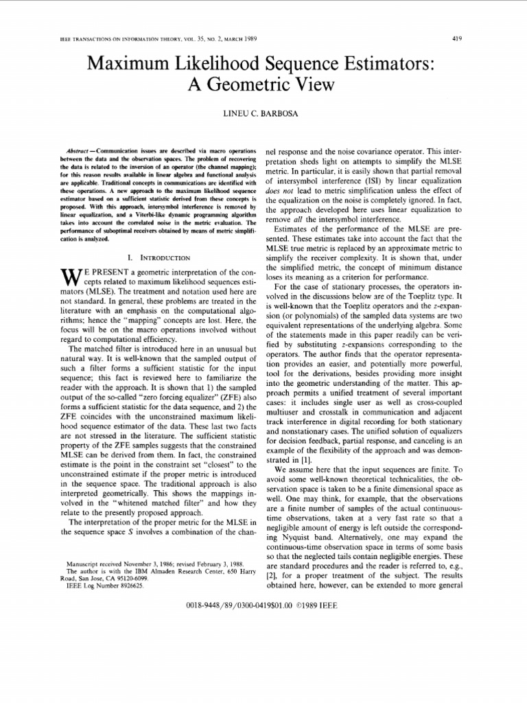 Maximum Likelihood Sequence Estimators:: A Geometric View | PDF | Sequence | Norm (Mathematics)