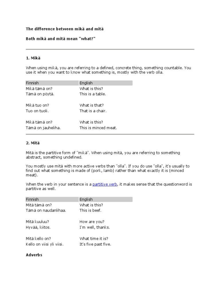 Difference Between Mikä and Mitä | PDF | Grammatical Number | Plural