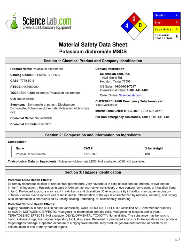 Msds Kalium Dikromat | PDF | Toxicity | Chromium