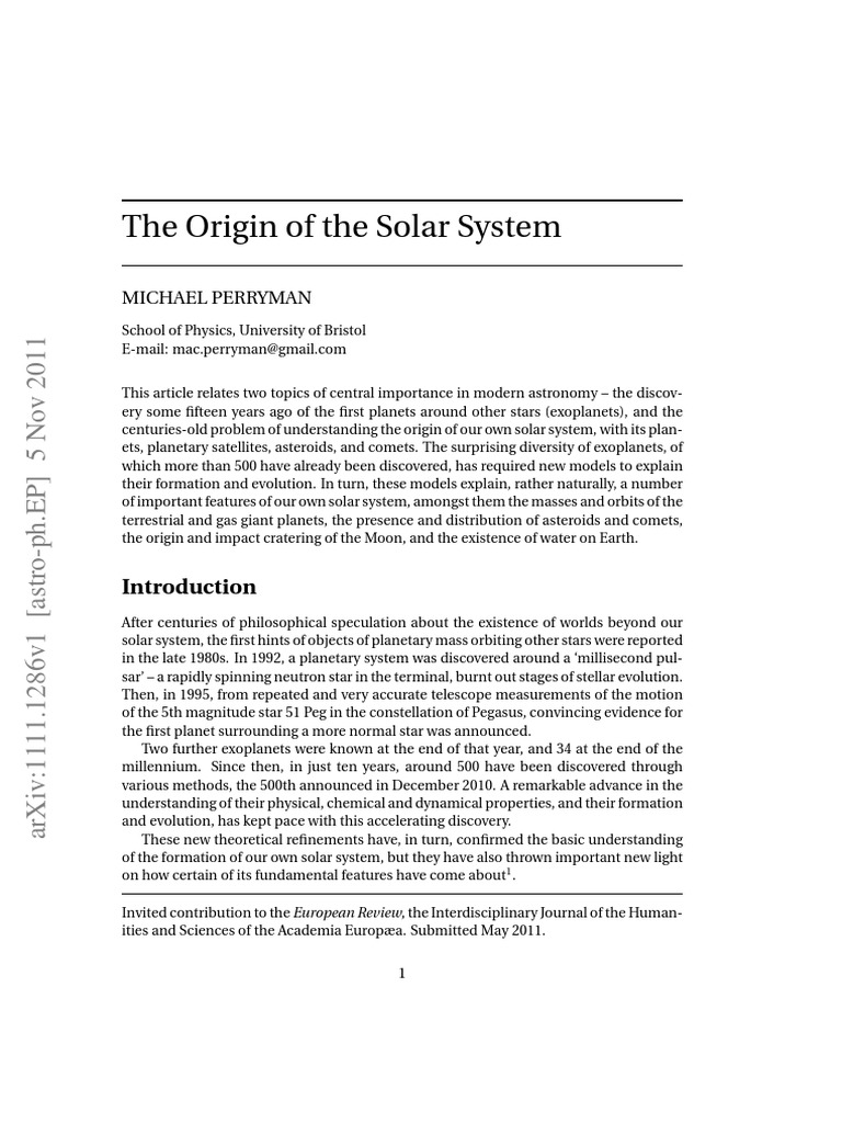 Origin of The Solar System | PDF | Planets | Formation And Evolution Of ...
