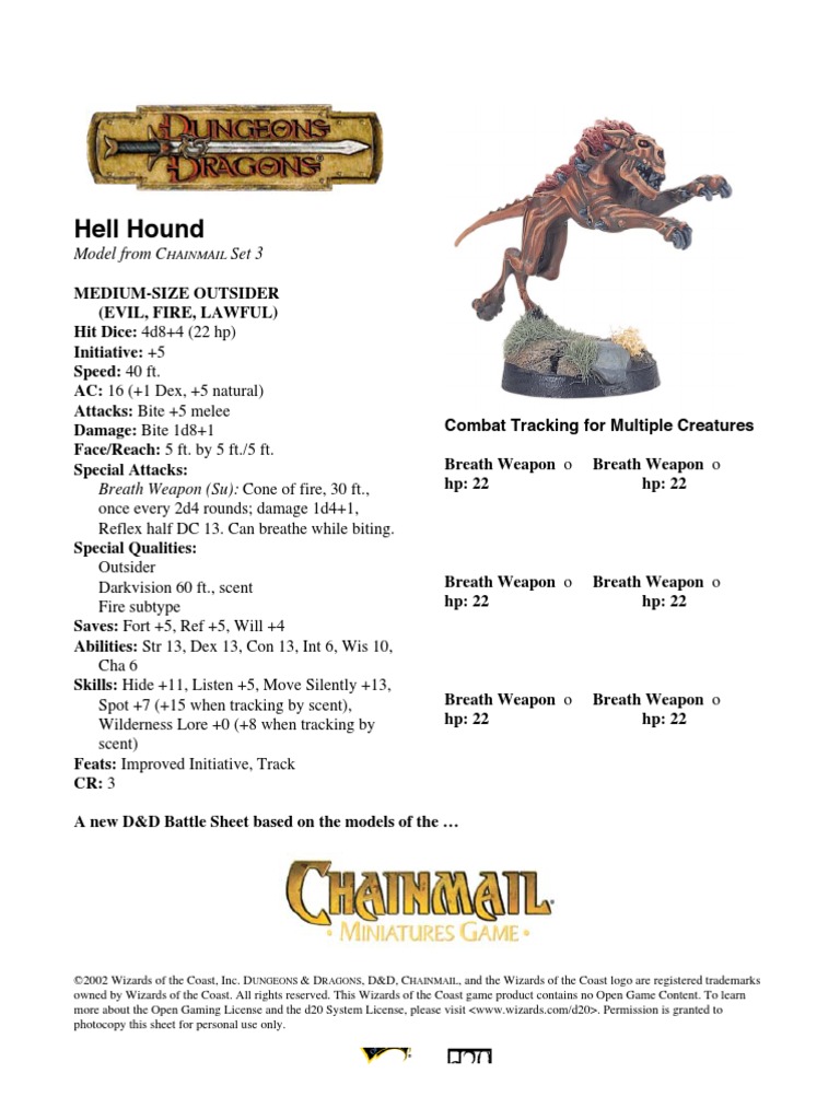 D&D Hell Hound Monster Stat Block | PDF