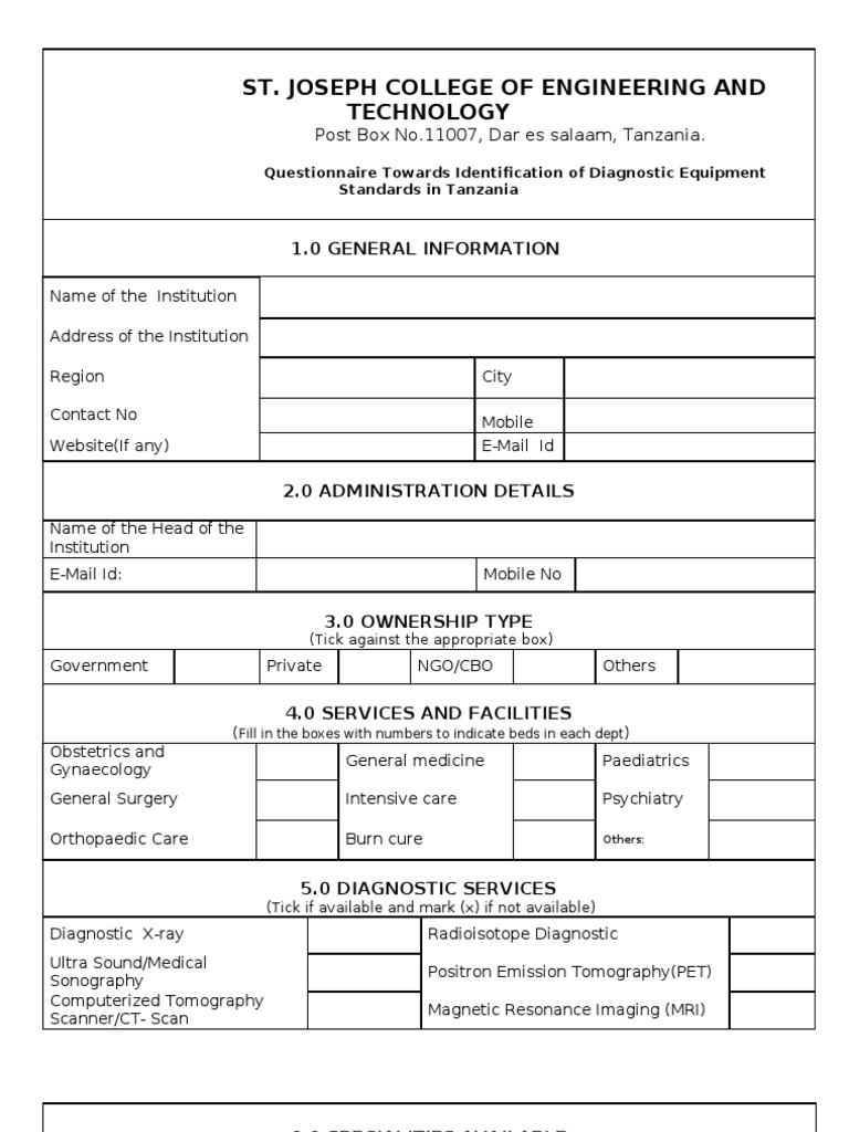 Diagnostic Equipment Survey Form | PDF | Radiology | Ct Scan