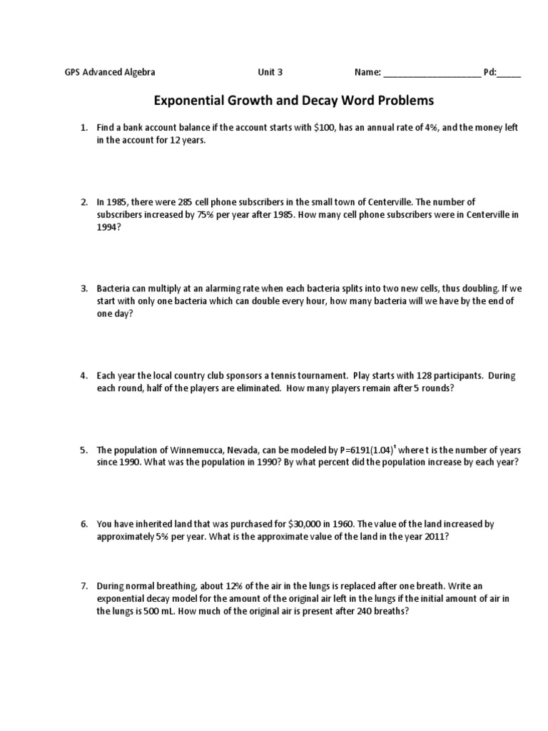 Growth and Decay Word Problems Worksheet | PDF | Bacteria | Caffeine