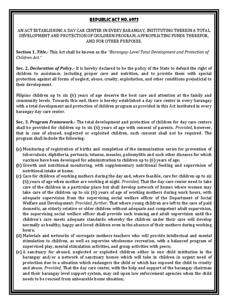 Republic Act 6972 (Day Care) | PDF | Child Care | Relationships