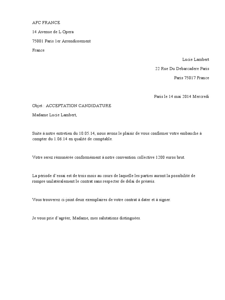 Acceptation de candidature pour emploi | PDF