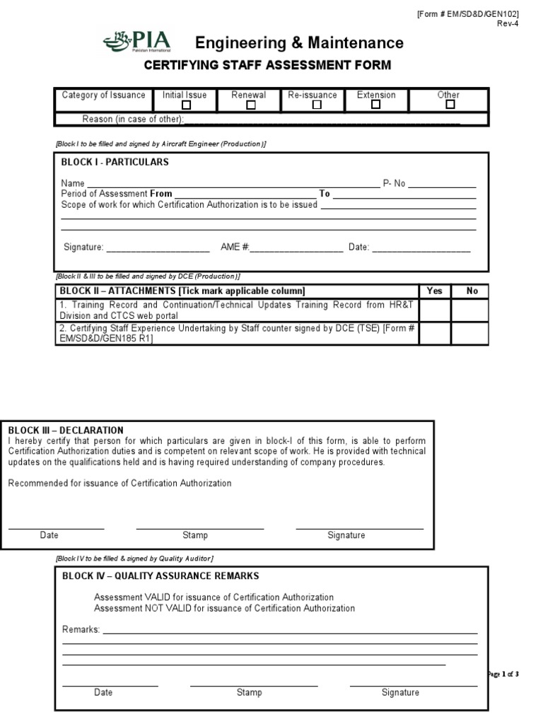Engineering & Maintenance: Certifying Staff Assessment Form | PDF