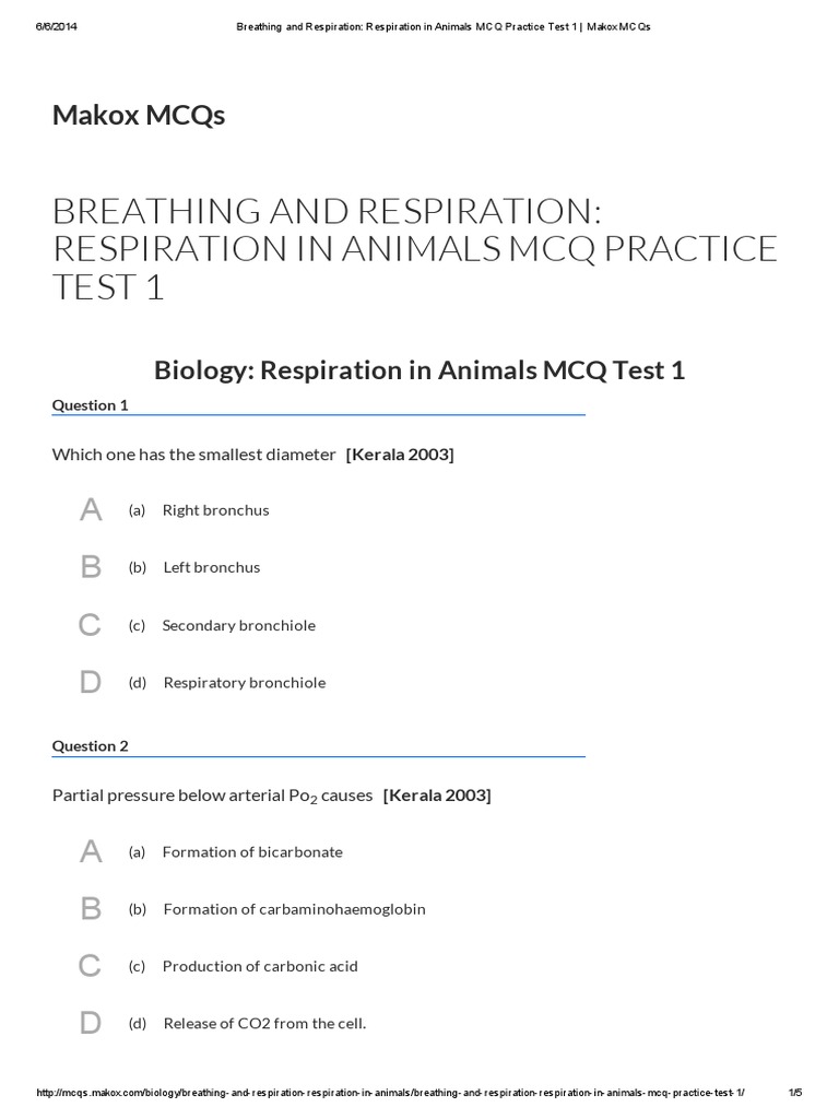 Breathing and Respiration - Respiration in Animals MCQ Practice Test 1 ...