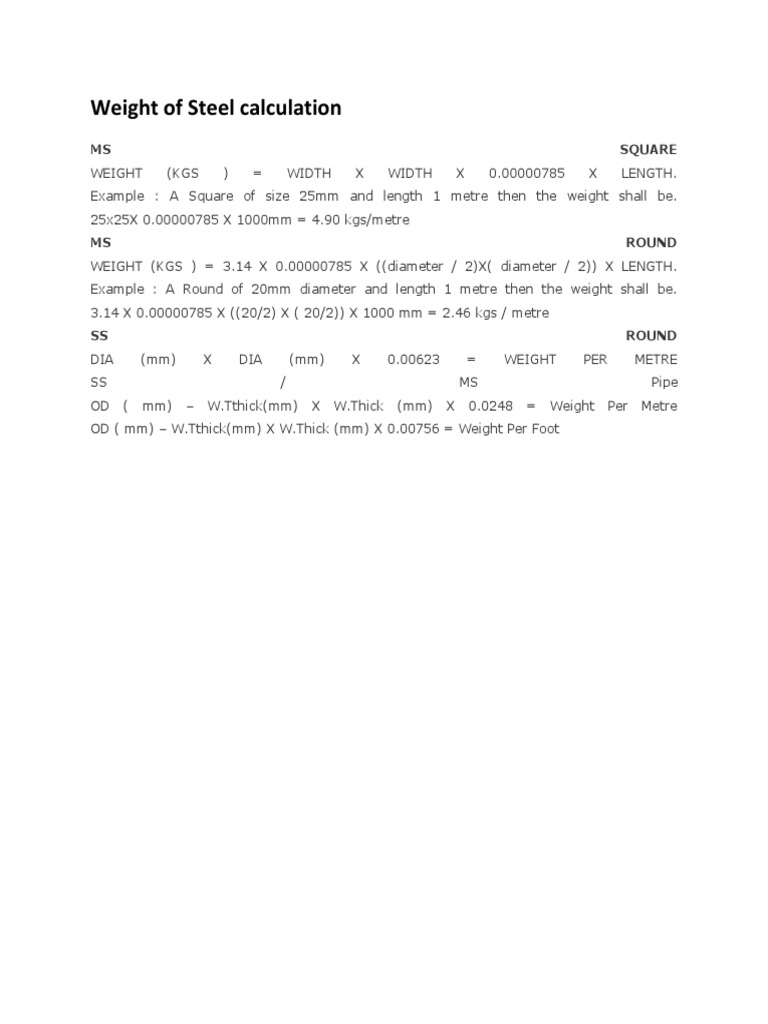 Steel Weight Calculation Formulas | PDF | Science & Mathematics