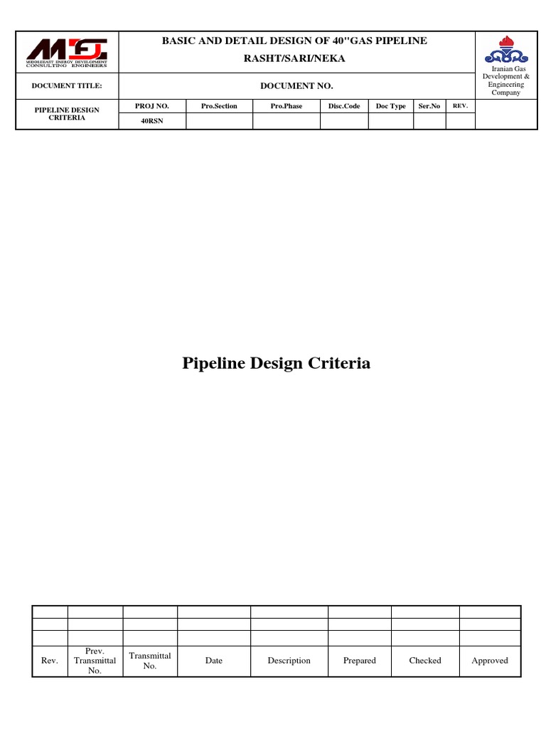 Pipeline Design Criteria 40RSN 00 BD PL DSC 2001 A0 | PDF | Pipe (Fluid Conveyance) | Pipeline ...