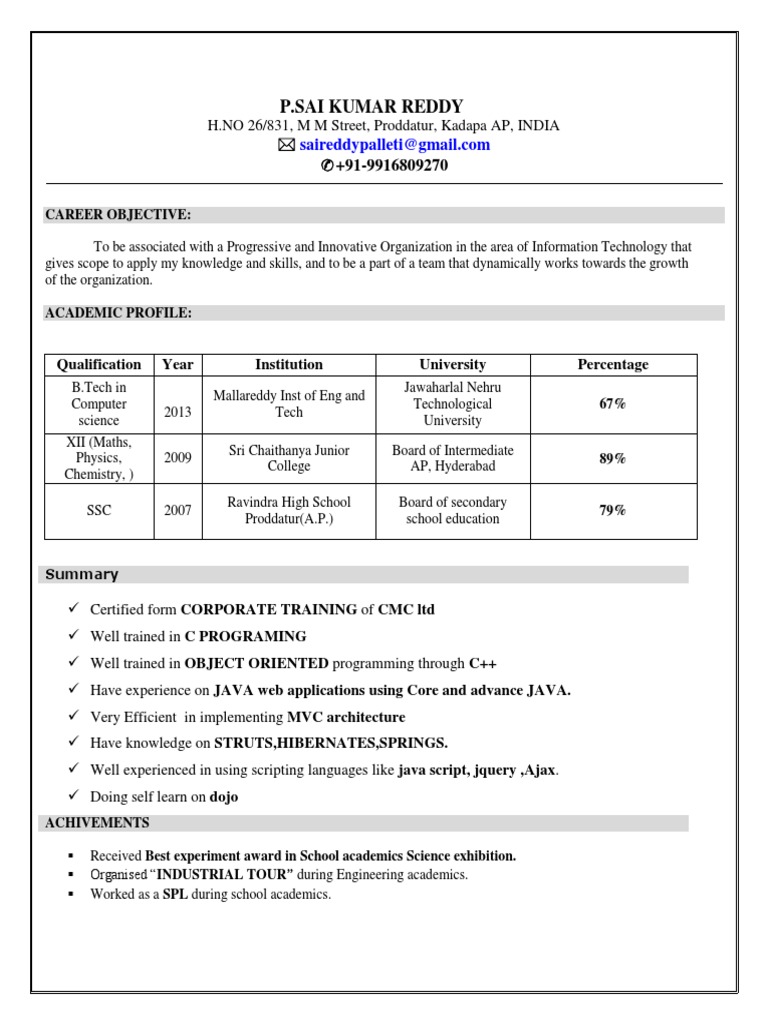 P.Sai Kumar Reddy: Qualification Year Institution University Percentage | PDF | Java ...