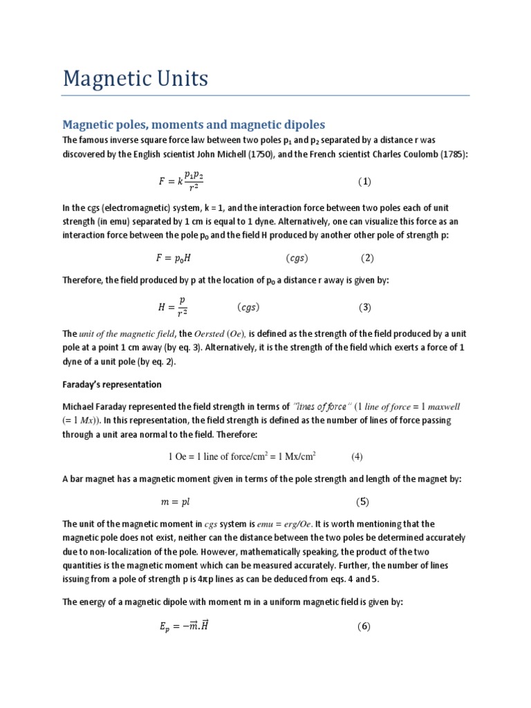 Magnetic Units: Magnetic Poles, Moments and Magnetic Dipoles | PDF ...