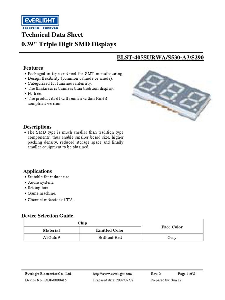 Technical Data Sheet 0.39" Triple Digit SMD Displays: ELST-405SURWA ...