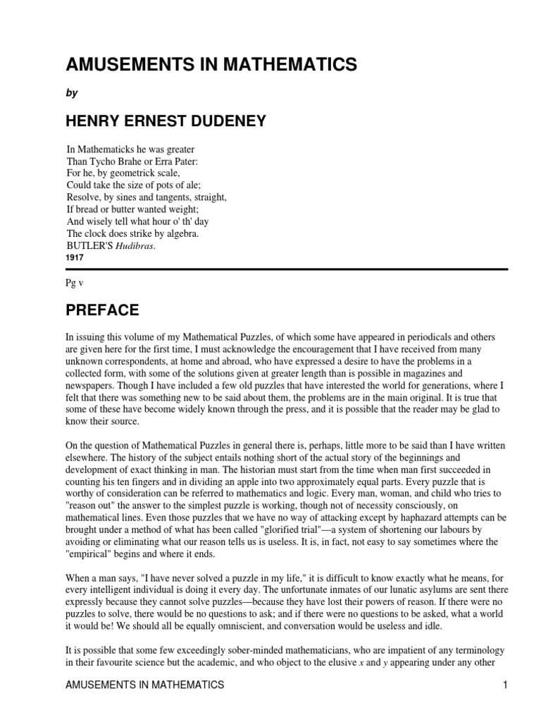 Amusements in Mathematics by Dudeney, Henry Ernest, 1857-1930 | PDF ...