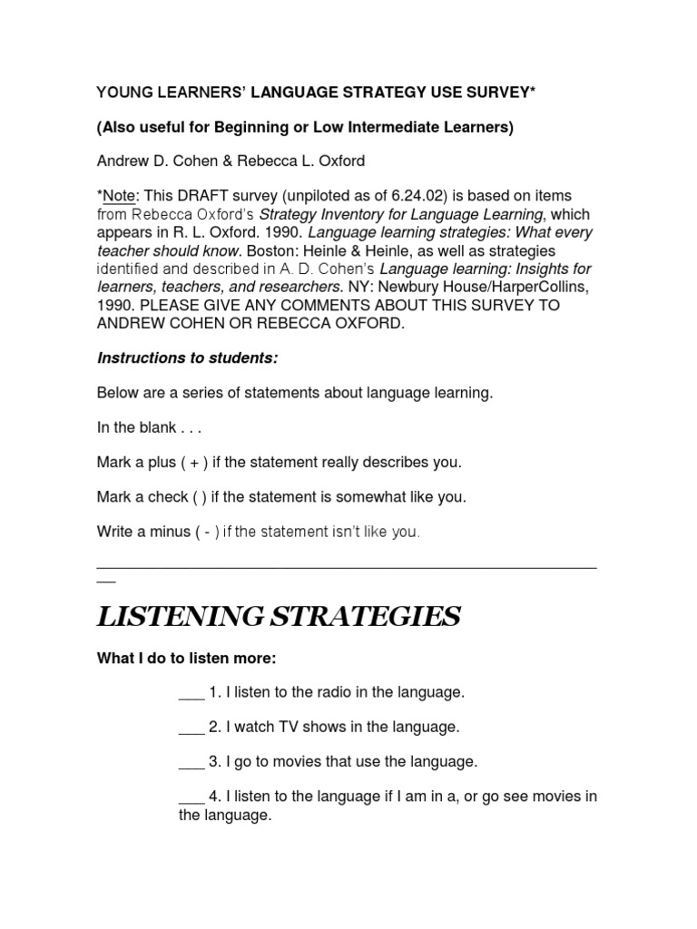 Young Learners' Language Strategy Survey | PDF | Word | Vocabulary