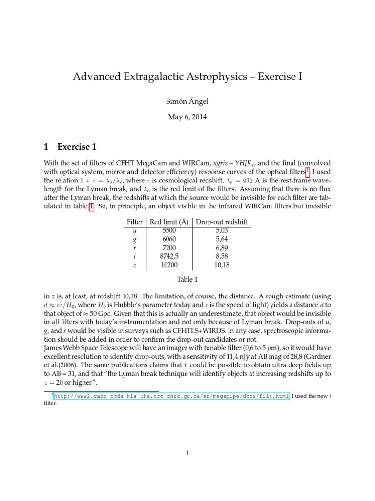 Advanced Extragalactic Astrophysics - Exercise I | PDF | Redshift ...