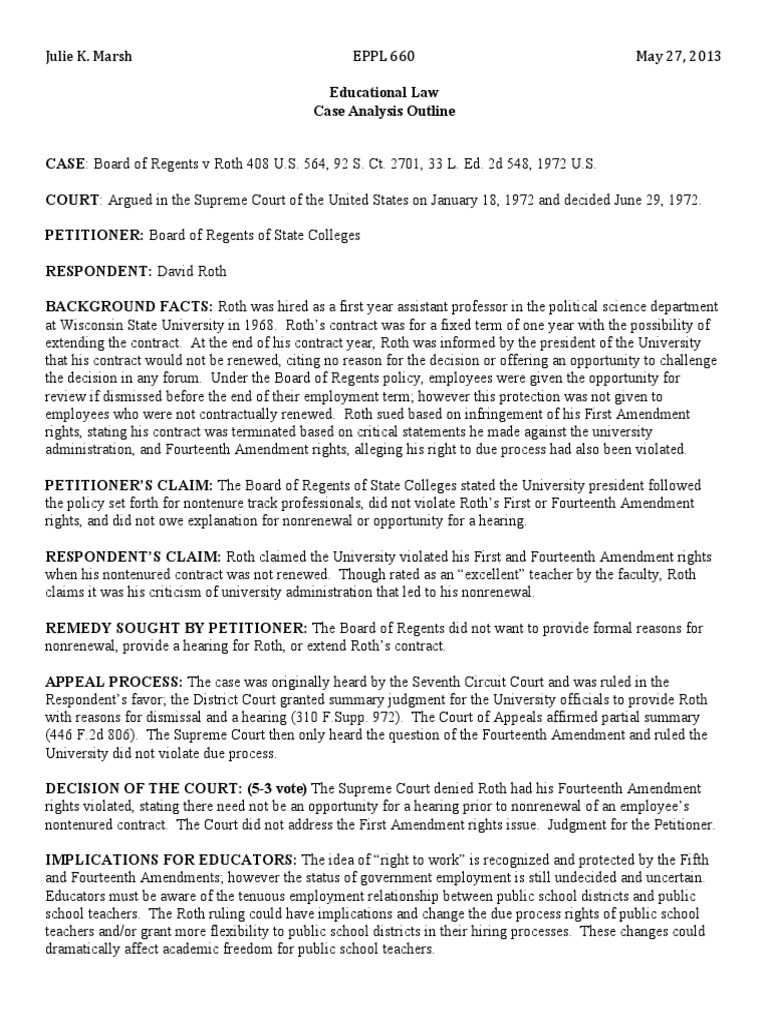 Board of Regents V Roth | PDF | Fourteenth Amendment To The United ...