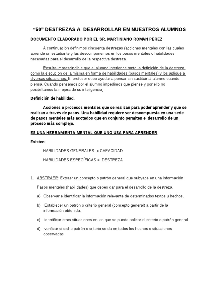 50 Destrezas para el Aprendizaje Estudiantil | PDF | Concepto | Mente