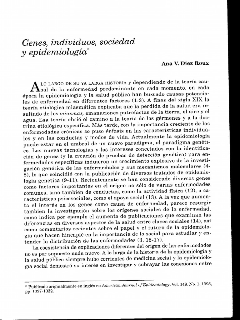 Diez Roux Ana V Genes Individuos Sociedad y Epidemiologia | PDF