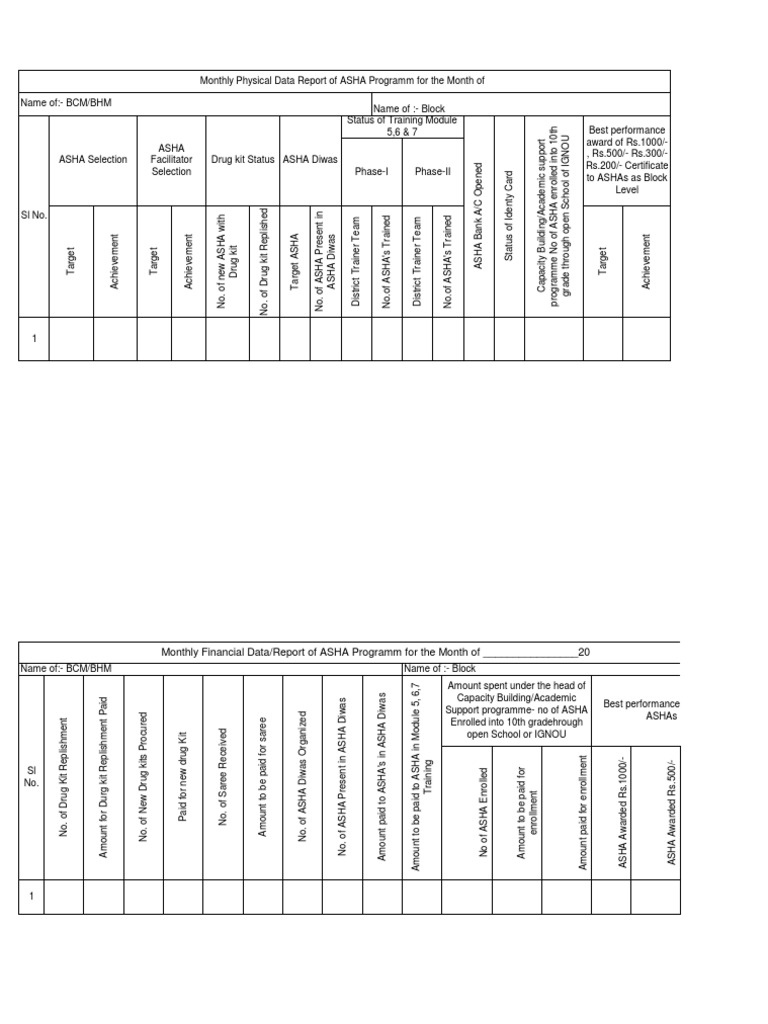 Format ASHA Monthly Report | Medical Specialties | Health Care