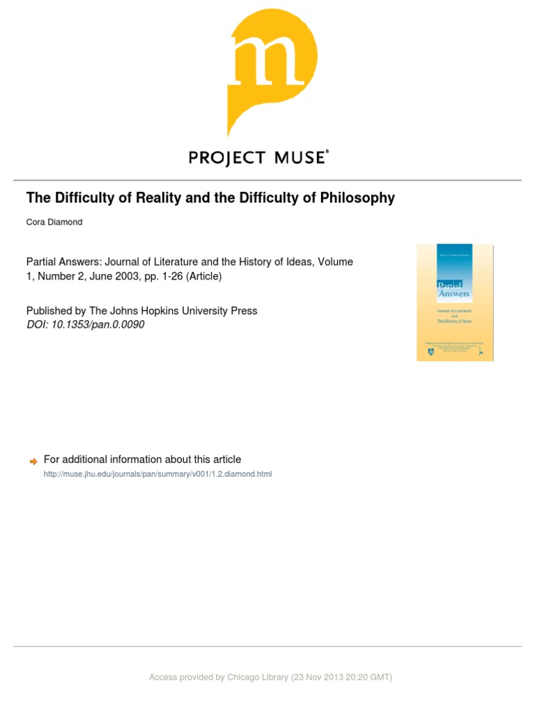 Cora Diamond - "The Difficulty of Reality and The Difficulty of ...