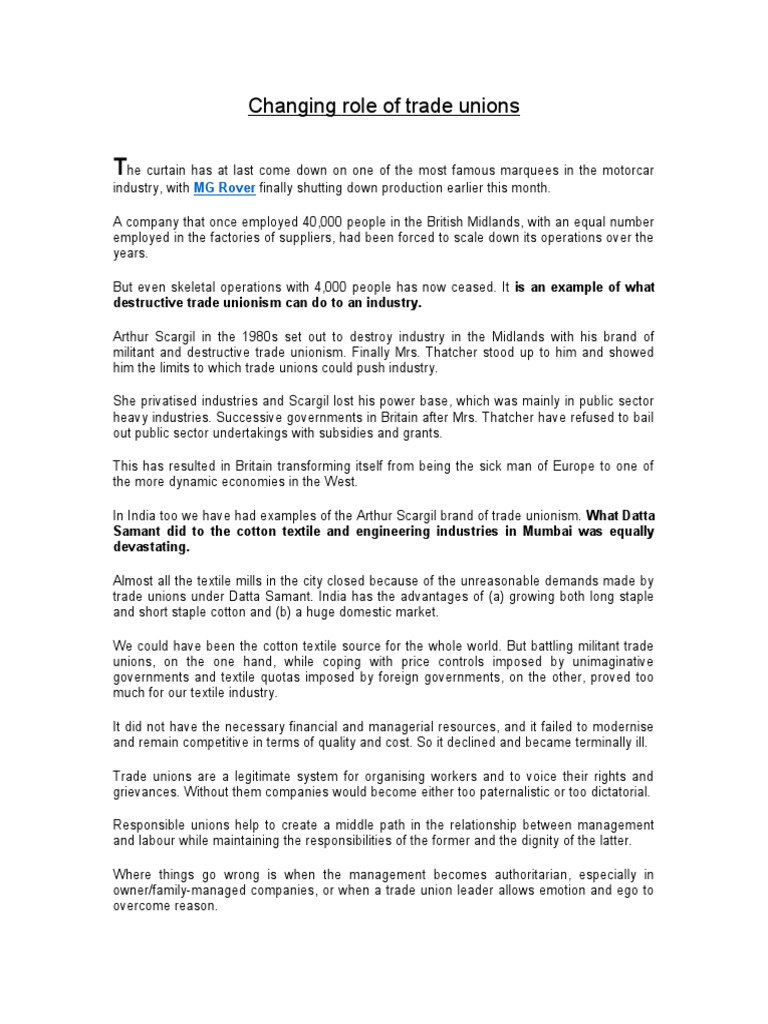 Changing Role of Trade Unions in Modern Industries | PDF | Trade Union ...