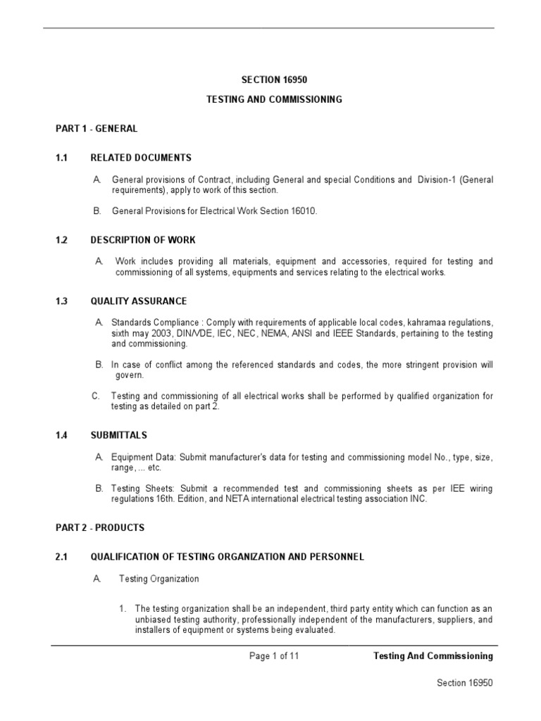 Electrical Specifications - Division 16 - SECTION 16950 TESTING AND ...