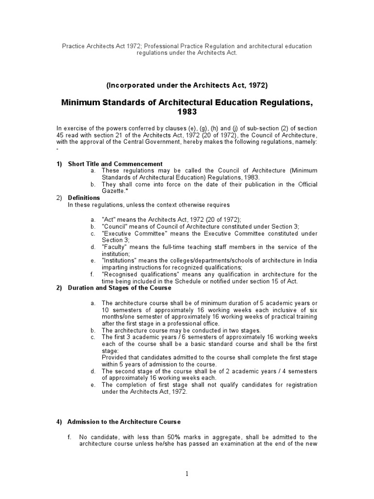 Minimum Standards of Architectural Education Regulations, 1983 | PDF ...