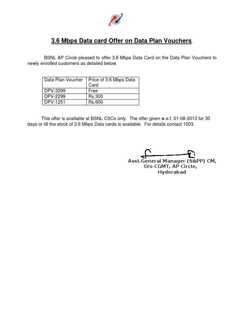 3.6 Mbps Data Card Offer On Data Plan Vouchers: Asst - General Manager ...
