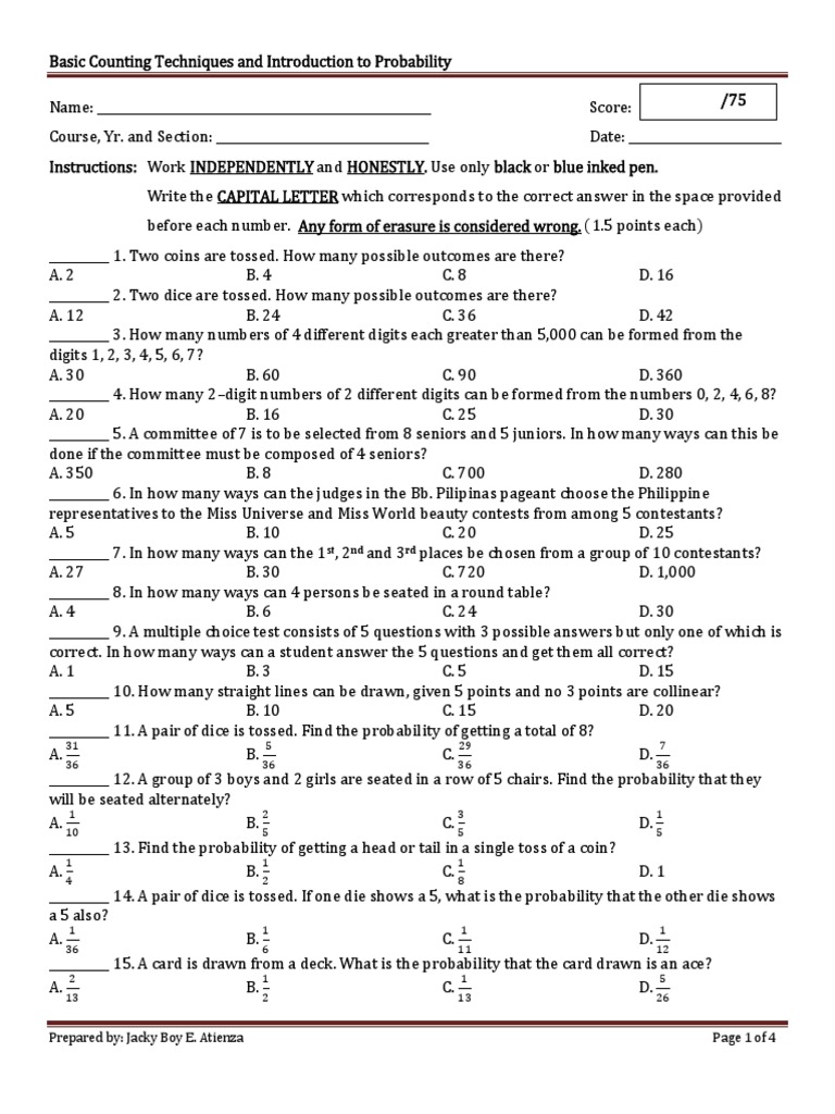 Counting Techniques and Probability | PDF | Multiple Choice | Probability