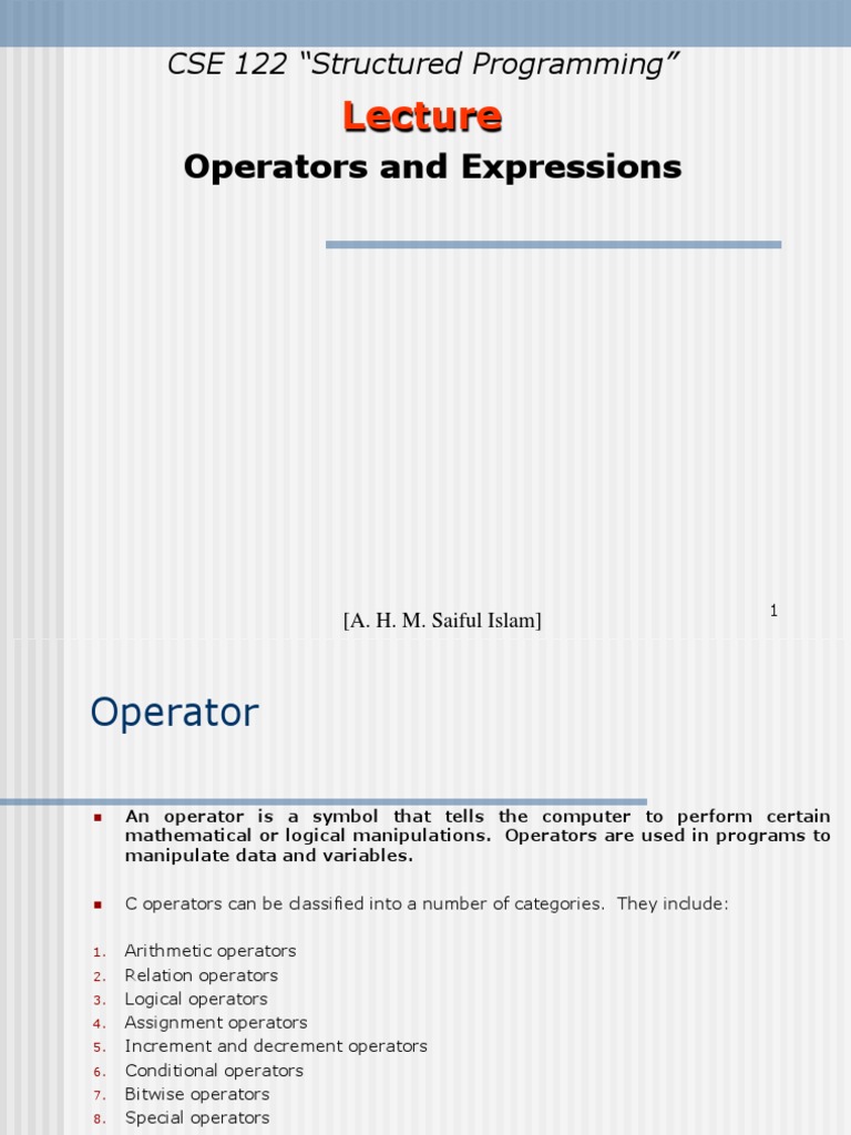 Operators and Expressions: CSE 122 "Structured Programming" | PDF | C (Programming Language ...