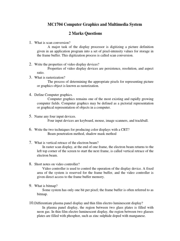 Computer Graphics Viva Questions | PDF