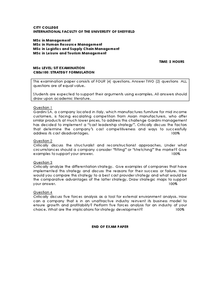 CBE6100 Strategy Formulation Exam Paper | PDF | Strategic Management ...