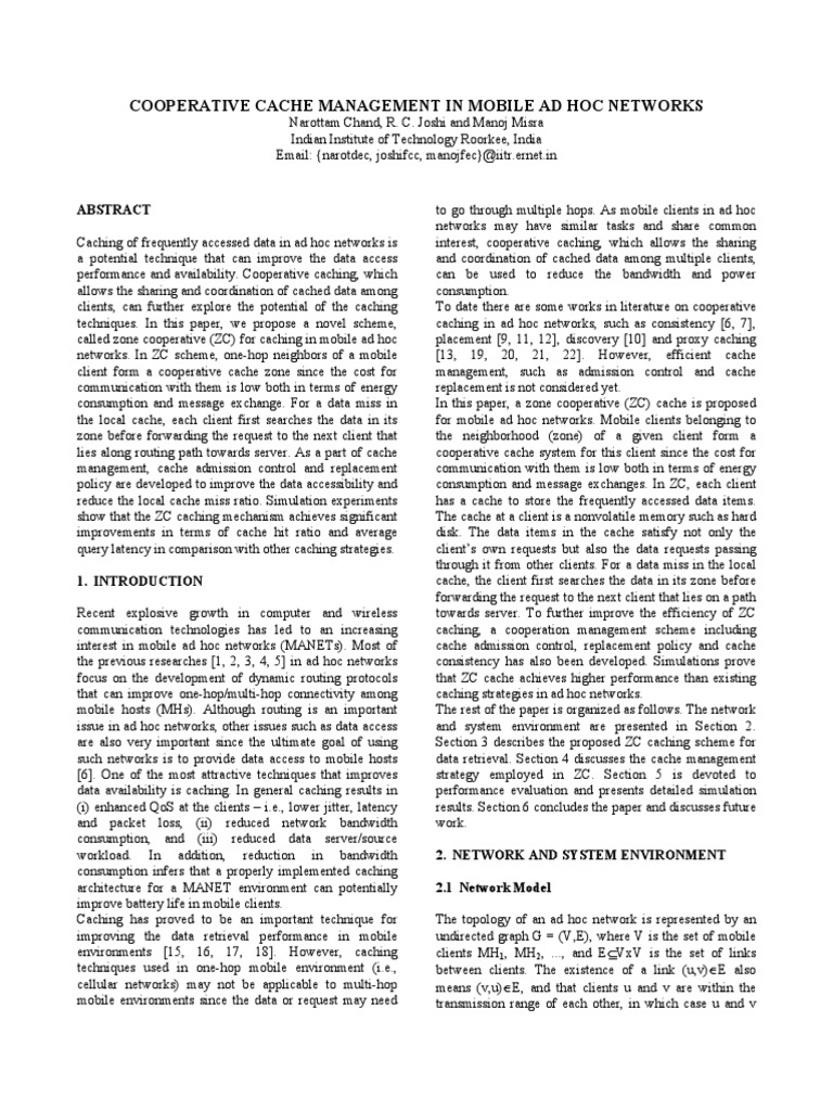 Cooperative Cache Management in Mobile Ad Hoc Networks | Download Free PDF | Cache (Computing ...