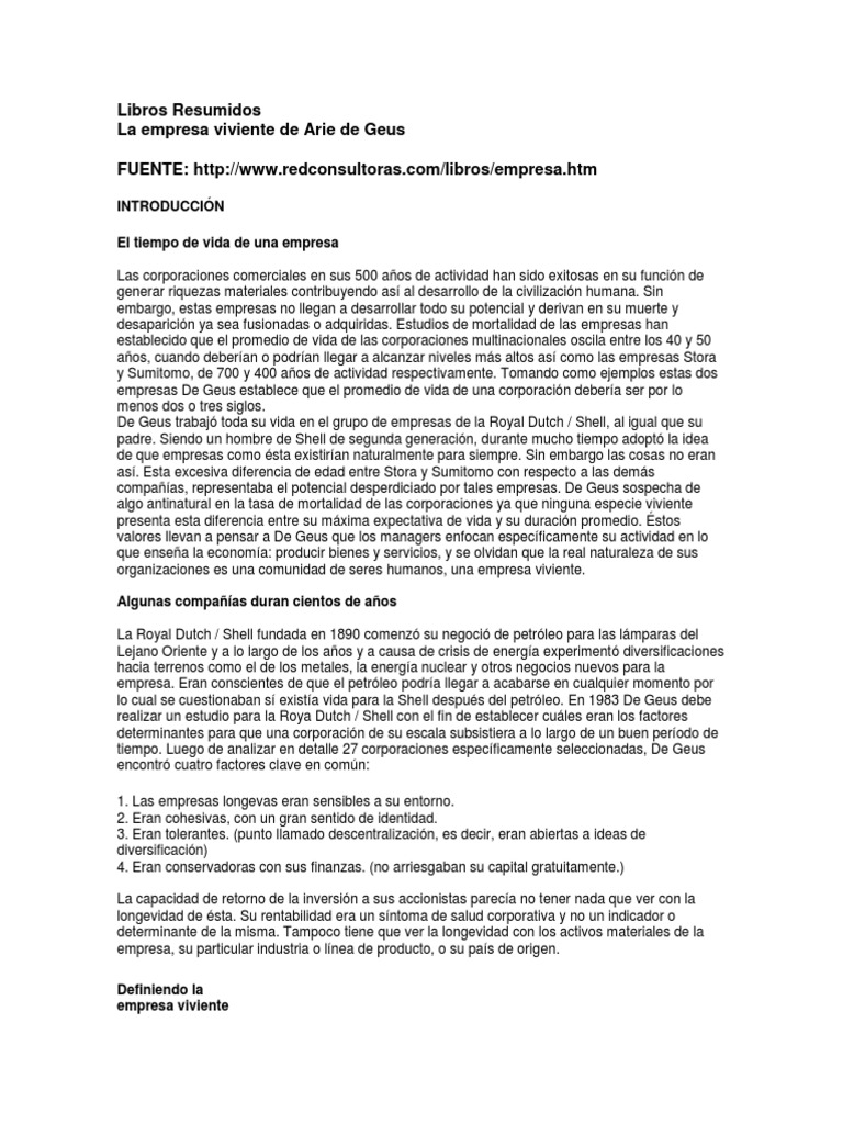 Arie de Geus - La Empresa Viviente | PDF | Aprendizaje | Toma de decisiones