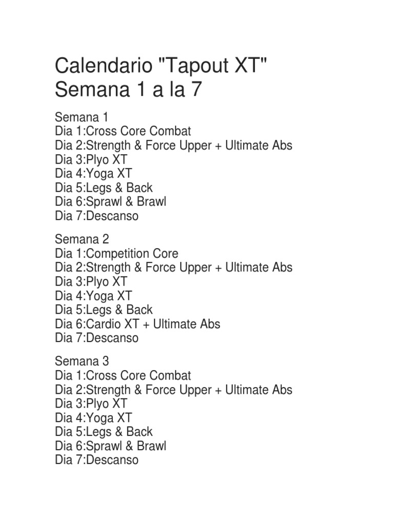 Tapout XT Workout Calendar | PDF