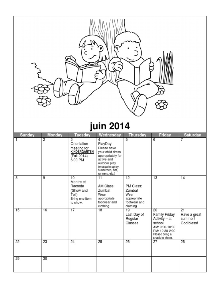 Pre-K Calendar June 2014 | PDF | Language Arts & Discipline