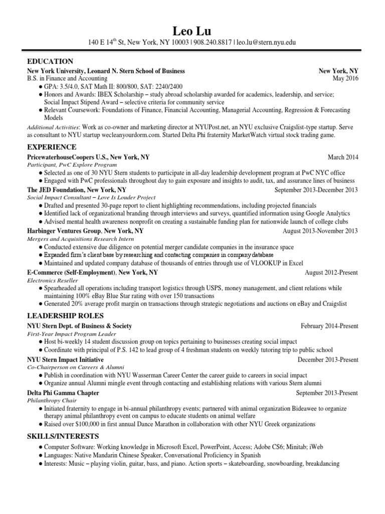 Lu Leo Resume | PDF | Pricewaterhouse Coopers | New York University